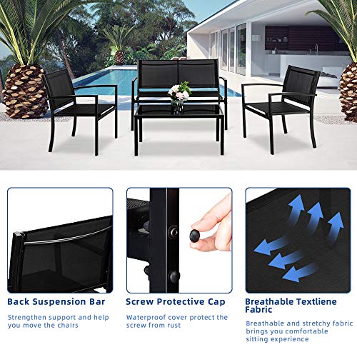 VINGLI 4 Pieces Patio Conversation Set Patio Furniture Set with Loveseat and Coffee Table, Outdoor Sofa Garden Lawn,Patio Chairs for Poolside Porch (Black)