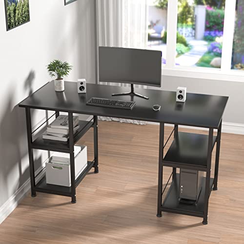 Jerry & Maggie - Computer Desk Office Desk W 2 Side 2 Tiers Shelves Sturdy Surface Laptop Desk Professional Desk Modern Plain Personal Workstation Rectangle Shape Steel Legs Livingroom Bedroom - Black