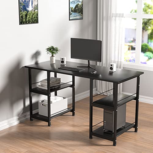 Jerry & Maggie - Computer Desk Office Desk W 2 Side 2 Tiers Shelves Sturdy Surface Laptop Desk Professional Desk Modern Plain Personal Workstation Rectangle Shape Steel Legs Livingroom Bedroom - Black