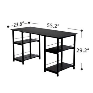 Jerry & Maggie - Computer Desk Office Desk W 2 Side 2 Tiers Shelves Sturdy Surface Laptop Desk Professional Desk Modern Plain Personal Workstation Rectangle Shape Steel Legs Livingroom Bedroom - Black