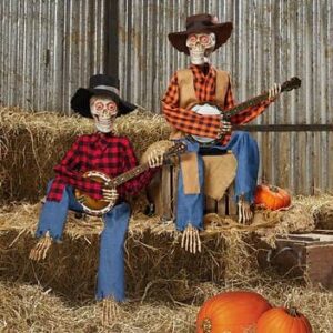 animated motion/sound activated musical multi-lingual banjo skeletons duo halloween fall indoor decor