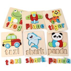 Wooden Toddlers Puzzles Kids Toys Gifts for 1 2 3 Year Old Boys Girls,6 Pack Animal Shape Jigsaw Puzzles Montessori Educational Toys with Alphabet Spelling Stem Travel Toy for Kids Ages 1-3