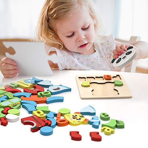 Wooden Toddlers Puzzles Kids Toys Gifts for 1 2 3 Year Old Boys Girls,6 Pack Animal Shape Jigsaw Puzzles Montessori Educational Toys with Alphabet Spelling Stem Travel Toy for Kids Ages 1-3