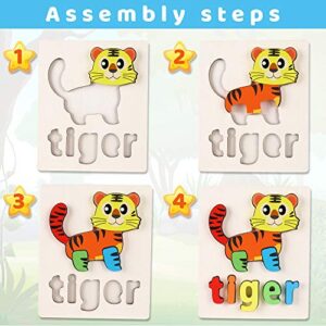 Wooden Toddlers Puzzles Kids Toys Gifts for 1 2 3 Year Old Boys Girls,6 Pack Animal Shape Jigsaw Puzzles Montessori Educational Toys with Alphabet Spelling Stem Travel Toy for Kids Ages 1-3