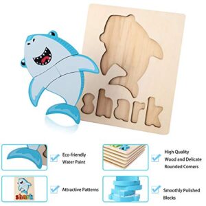 Wooden Toddlers Puzzles Kids Toys Gifts for 1 2 3 Year Old Boys Girls,6 Pack Animal Shape Jigsaw Puzzles Montessori Educational Toys with Alphabet Spelling Stem Travel Toy for Kids Ages 1-3