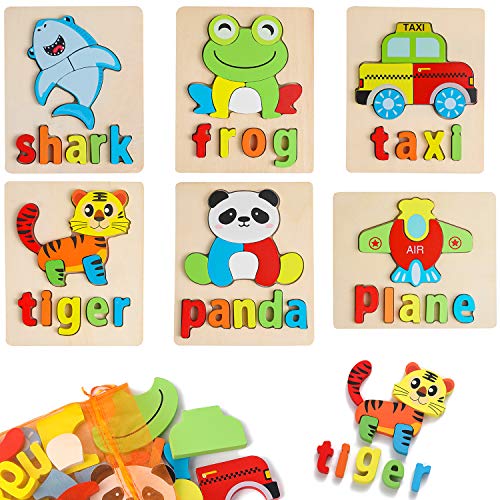 Wooden Toddlers Puzzles Kids Toys Gifts for 1 2 3 Year Old Boys Girls,6 Pack Animal Shape Jigsaw Puzzles Montessori Educational Toys with Alphabet Spelling Stem Travel Toy for Kids Ages 1-3