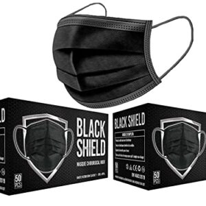 Black Shield - 100 + 2 Black Face Masks - 3 Layers - Ultra Comfy - Gentle Elastic Earloop - Disposable