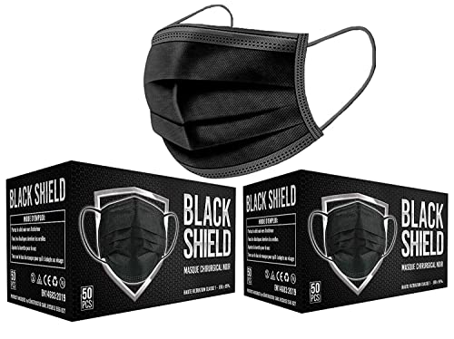 Black Shield - 100 + 2 Black Face Masks - 3 Layers - Ultra Comfy - Gentle Elastic Earloop - Disposable