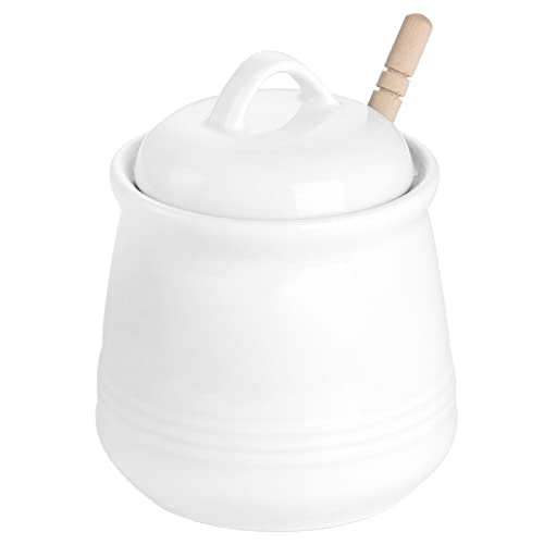 HAOTOP Ceramic Honey pot with Lid and Honey Dipper,Porcelain Honey Jar Easy to Clean and Dishwasher Safe,12oz (White)