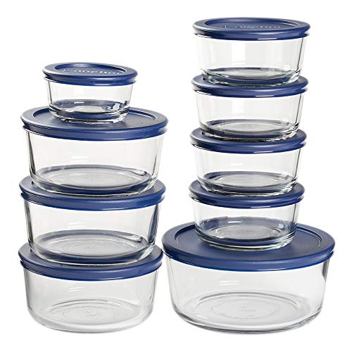 Anchor Hocking Glass Food Storage Containers with Navy SnugFit Lids (18-piece, round, BPA free, glass tempered tough for oven, microwave, fridge, and freezer)