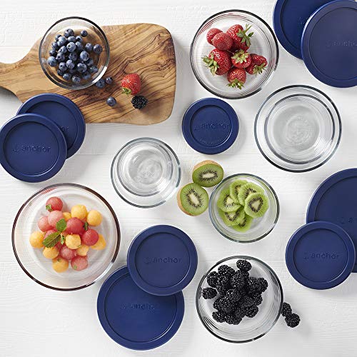 Anchor Hocking Glass Food Storage Containers with Navy SnugFit Lids (18-piece, round, BPA free, glass tempered tough for oven, microwave, fridge, and freezer)