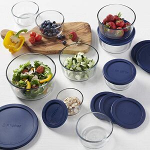 Anchor Hocking Glass Food Storage Containers with Navy SnugFit Lids (18-piece, round, BPA free, glass tempered tough for oven, microwave, fridge, and freezer)