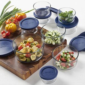 Anchor Hocking Glass Food Storage Containers with Navy SnugFit Lids (18-piece, round, BPA free, glass tempered tough for oven, microwave, fridge, and freezer)