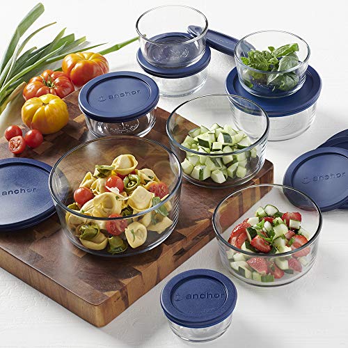 Anchor Hocking Glass Food Storage Containers with Navy SnugFit Lids (18-piece, round, BPA free, glass tempered tough for oven, microwave, fridge, and freezer)