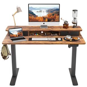 fezibo height adjustable electric standing desk with double drawer, 48 x 24 inch table with storage shelf, sit stand desk with splice board, black frame/rustic brown top, 48 inch