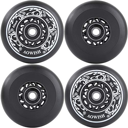 AOWISH 4-Pack Inline Skate Wheels Outdoor Asphalt Formula 90A Aggressive Blades Roller Skates Replacement Wheels with Speed Bearings ABEC 9 and Floating Spacers (Black, 80mm)