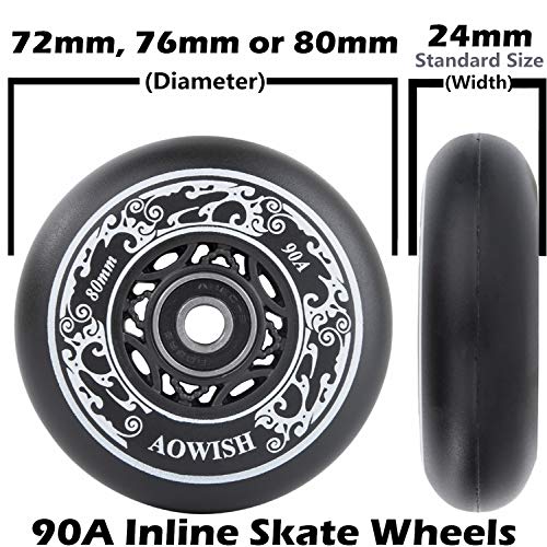 AOWISH 4-Pack Inline Skate Wheels Outdoor Asphalt Formula 90A Aggressive Blades Roller Skates Replacement Wheels with Speed Bearings ABEC 9 and Floating Spacers (Black, 80mm)