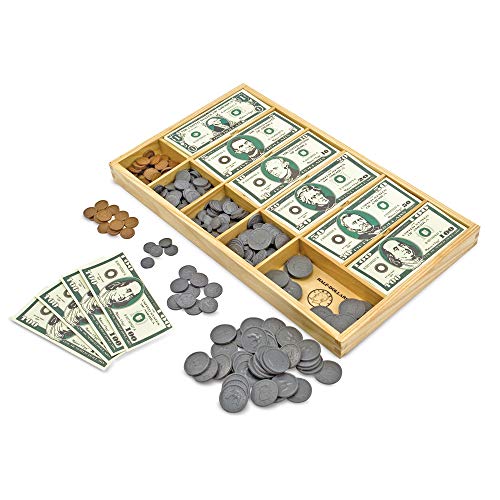 Melissa & Doug Turn and Tell Clock & Play Money Set - Educational Toy with Paper Bills and Plastic Coins (50 of Each Denomination) and Wooden Cash Drawer for Storage