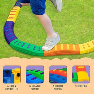 Sunny & Fun 20pc Balance Beam Gymnastics Obstacle Course for Kids | Interlocking Stepping Boards w/Rubber Grip & Non Slip Surface | Indoor & Outdoor Toy Improves Coordination & Strength | Max 220 Lbs.