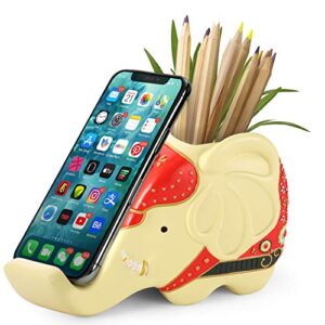 ahfulife elephant pencil holder with phone stand, resin carving elephant gifts for women, multifunctional pen pot office desk decoration stationery supplies organizer