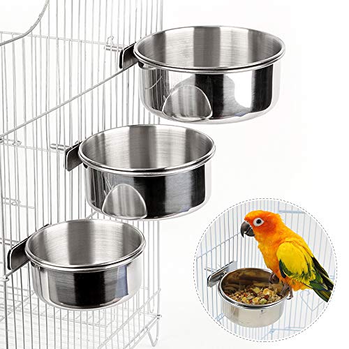 3PCS Bird Feeder for Cage Parakeets Food Feeder with 3 Different Size, Bird Feeding Dish Stainless Steel Bird Bowl Parrot Feeding Cups Animal Cage Water Food Bowl for Parrot