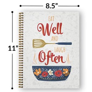 Softcover Eat Well 8.5" x 11" Recipe Spiral Notebook/Journal, 120 Recipe Pages, Durable Gloss Laminated Cover, Gold Wire-o Spiral. Made in the USA