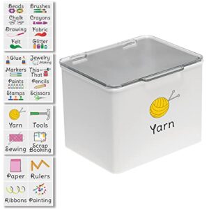 mDesign Stackable Plastic Craft, Sewing, Crochet Storage Container Box with Lid - Compact Organizer and Holder for Thread, Beads, Ribbon, Glitter, Clay - Includes 32 Labels - Light Gray/Clear