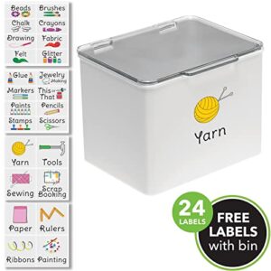 mDesign Stackable Plastic Craft, Sewing, Crochet Storage Container Box with Lid - Compact Organizer and Holder for Thread, Beads, Ribbon, Glitter, Clay - Includes 32 Labels - Light Gray/Clear