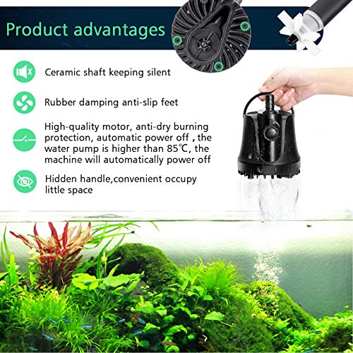 AQQA 265-800GPH Submersible Water Pump,Ultra-quiet Fountain Pump,Ultra-low Water Level With High Lift,Adjustable Flow Rate 2 Nozzles 6ft Power Cord For Fish Tank, Pond, Hydroponics