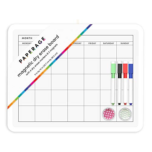 Dry Erase Board 11 by 14 in Monthly Grid Calendar- Magnetic Whiteboard with 4 Markers and 2 Magnets- White Frame- for School, Home, Office, Remote Learning- Easy to Hang on Walls or Magnetic Surfaces