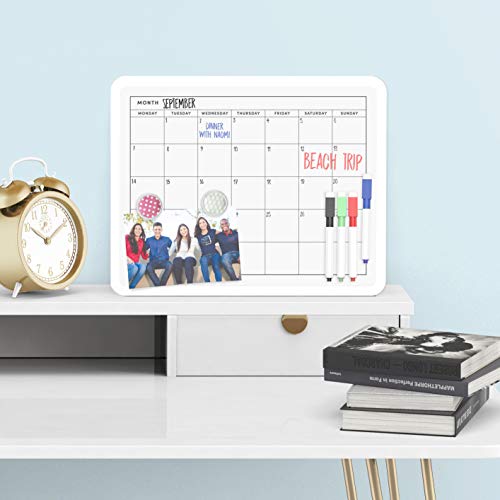 Dry Erase Board 11 by 14 in Monthly Grid Calendar- Magnetic Whiteboard with 4 Markers and 2 Magnets- White Frame- for School, Home, Office, Remote Learning- Easy to Hang on Walls or Magnetic Surfaces