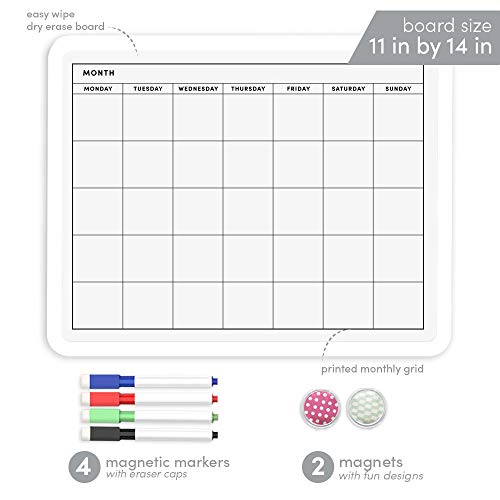 Dry Erase Board 11 by 14 in Monthly Grid Calendar- Magnetic Whiteboard with 4 Markers and 2 Magnets- White Frame- for School, Home, Office, Remote Learning- Easy to Hang on Walls or Magnetic Surfaces