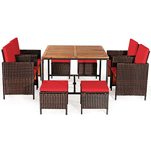 HAPPYGRILL 9PCS Patio Dining Set Outdoor Dining Furniture Set with Cushioned Seating, Space-Saving Dining Table with Acacia Wood Tabletop Wicker Chair and Ottoman Sets for Backyard Garden Poolside