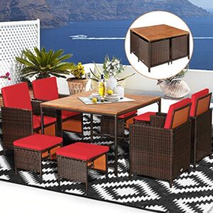 HAPPYGRILL 9PCS Patio Dining Set Outdoor Dining Furniture Set with Cushioned Seating, Space-Saving Dining Table with Acacia Wood Tabletop Wicker Chair and Ottoman Sets for Backyard Garden Poolside