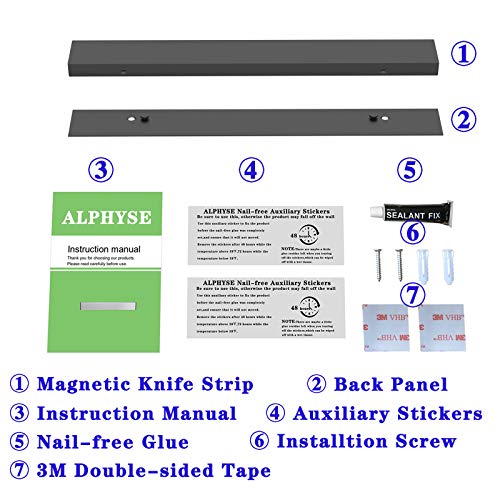 ALPHYSE Magnetic Knife Strip, Adhesive 12 Inch Stainless Steel Magnetic Knife Holder for Wall, Magnetic Knife Block, No Drill Magnetic Knife Bar, Kitchen Storage Magnetic Knife Rack, Black