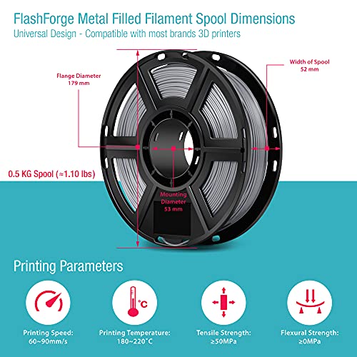 FLASHFORGE D-Series Metal Filled 3D Printer Filament, 1.75mm (Aluminum), 0.5kg Spool (1.1lbs), Guaranteed Fresh, Dimensional Accuracy +/- 0.02mm, Tangle-Free, Fits Most FDM Printers [Risk-Free]