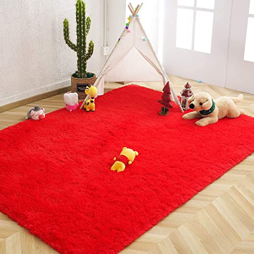 AROGAN Fluffy Rugs for Bedroom Living Room, Shag Area Rugs for Nursery Kids Girls Room, Plush Fur Rug for Playroom Dorm 3x5 Feet, Red