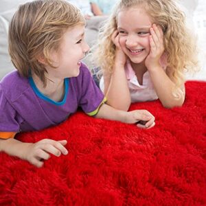 AROGAN Fluffy Rugs for Bedroom Living Room, Shag Area Rugs for Nursery Kids Girls Room, Plush Fur Rug for Playroom Dorm 3x5 Feet, Red