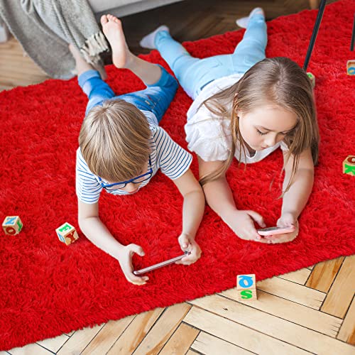 AROGAN Fluffy Rugs for Bedroom Living Room, Shag Area Rugs for Nursery Kids Girls Room, Plush Fur Rug for Playroom Dorm 3x5 Feet, Red