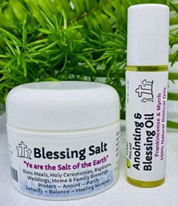 set of urban releaf blessing salt and anointing & blessing oil roll-on. holy ceremony wedding baptism meals housewarming purify meditate pray. dead sea salt. bible oils frankincense, myrrh.