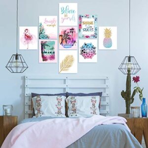 Outus Set of 9 Inspirational Prints Teen Girl Room Wall Art Flamingo Pineapple Leaf Motivational Phrases Posters Girls Bedroom Home Decorations Unframed