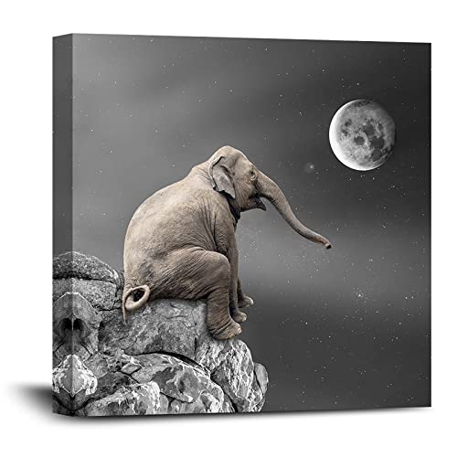 Elephant Canvas Wall Art for Living Room Wall Decor with Frame Baby Elephant Sitting on Big Rock in Front of Moon and Stars Wall Painting Aesthetic Black White Animal Home Decoration Artwork Cute Picture 12×12inch