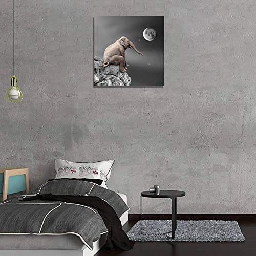 Elephant Canvas Wall Art for Living Room Wall Decor with Frame Baby Elephant Sitting on Big Rock in Front of Moon and Stars Wall Painting Aesthetic Black White Animal Home Decoration Artwork Cute Picture 12×12inch