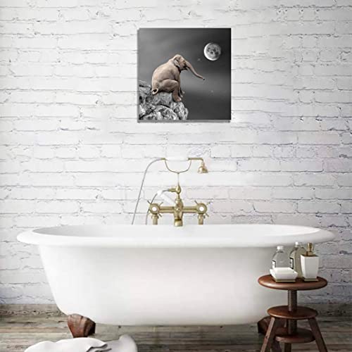 Elephant Canvas Wall Art for Living Room Wall Decor with Frame Baby Elephant Sitting on Big Rock in Front of Moon and Stars Wall Painting Aesthetic Black White Animal Home Decoration Artwork Cute Picture 12×12inch