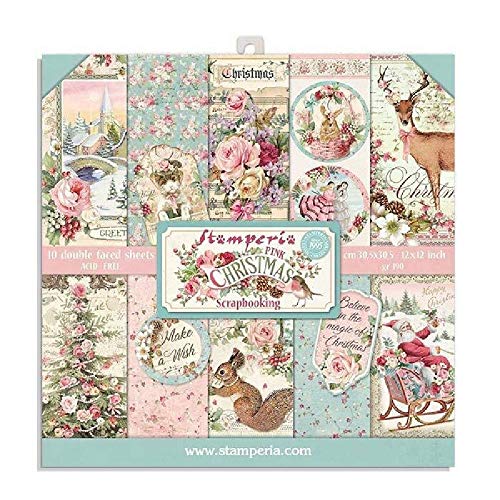 Stamperia Double Face Pink Christmas Scrapbook Paper Pad 8x8" Block 10 Sheets Double Sided Card Stock