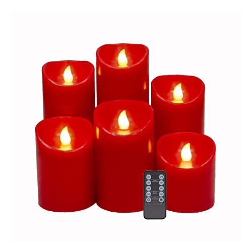 Urchoice Red Flameless Candles Battery Operated Pillar Real Wax Realistic Flickering Electric LED Candle(D 3" x H 3" 4" 5" 6" 7" 8") Set of 6, with 10-Key Remote and Cycling 24 Hours Timer