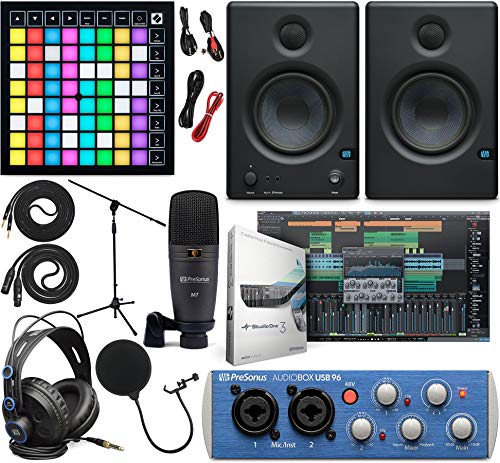 PreSonus AudioBox 96 Audio Interface Full Studio Kit w/Studio One Artist Software Pack w/Novation Launchpad X Grid Controller for Ableton Live, Eris 3.5 Pair Studio Monitors & 1/4” Instrument Cable