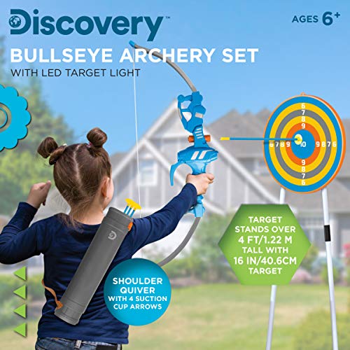 Discovery Kids Bullseye Outdoor Archery Set with LED Target Light-Up Toy Night/Day Activity Includes 4 Arrows, Quiver with Strap, 1 Bow for Ages 6+ and Older