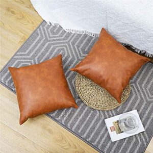 SEEKSEE Brown Faux Leather Accent Throw Pillow Cover 18x18 inch, 2-Pack Modern Country Farmhouse Style Pillowcase for Bedroom Living Room Sofa