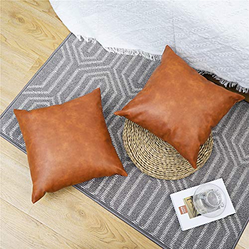 SEEKSEE Brown Faux Leather Accent Throw Pillow Cover 18x18 inch, 2-Pack Modern Country Farmhouse Style Pillowcase for Bedroom Living Room Sofa